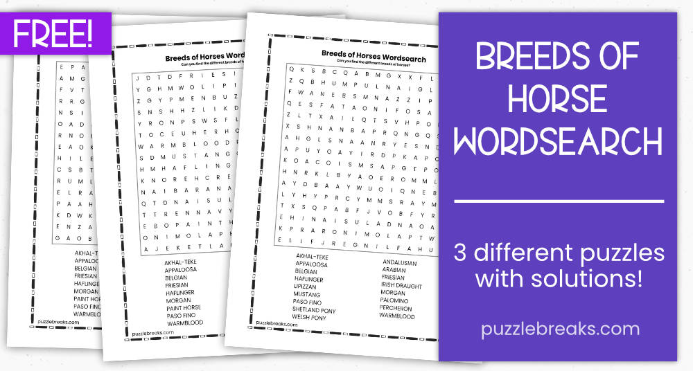 Breeds of Horse PDF Wordsearch Puzzles - Puzzle Breaks - Monstrously ...