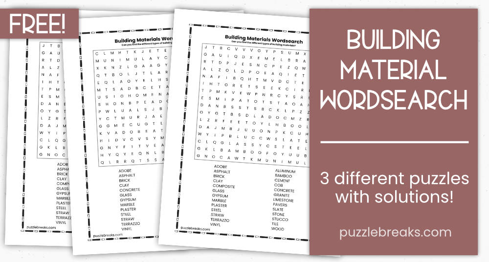 Building Material Free Wordsearch Puzzles - Puzzle Breaks - Monstrously ...