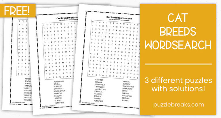 Cat Breeds Wordsearch Puzzles - Puzzle Breaks - Monstrously Good Puzzles