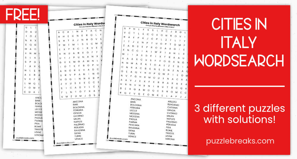Cities in Italy Free Wordsearch Puzzles - Puzzle Breaks - Monstrously ...