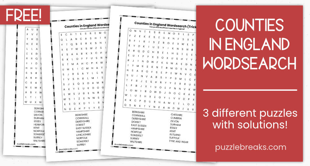 Counties in England Wordsearch Puzzles - Puzzle Breaks - Monstrously ...