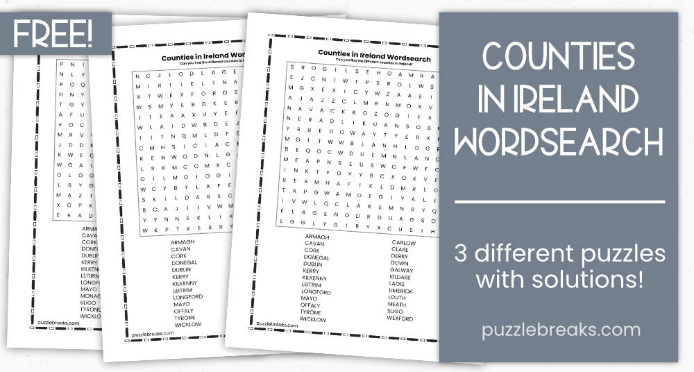 Counties in Ireland Wordsearch - Puzzle Breaks - Monstrously Good Puzzles