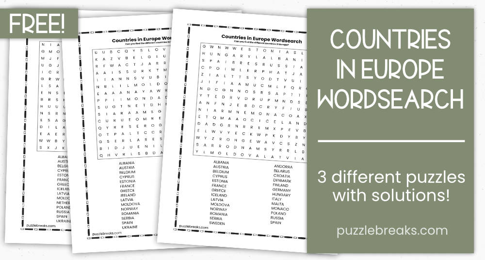 Countries in the Continent of Europe PDF Wordsearch (With Map) - Puzzle ...
